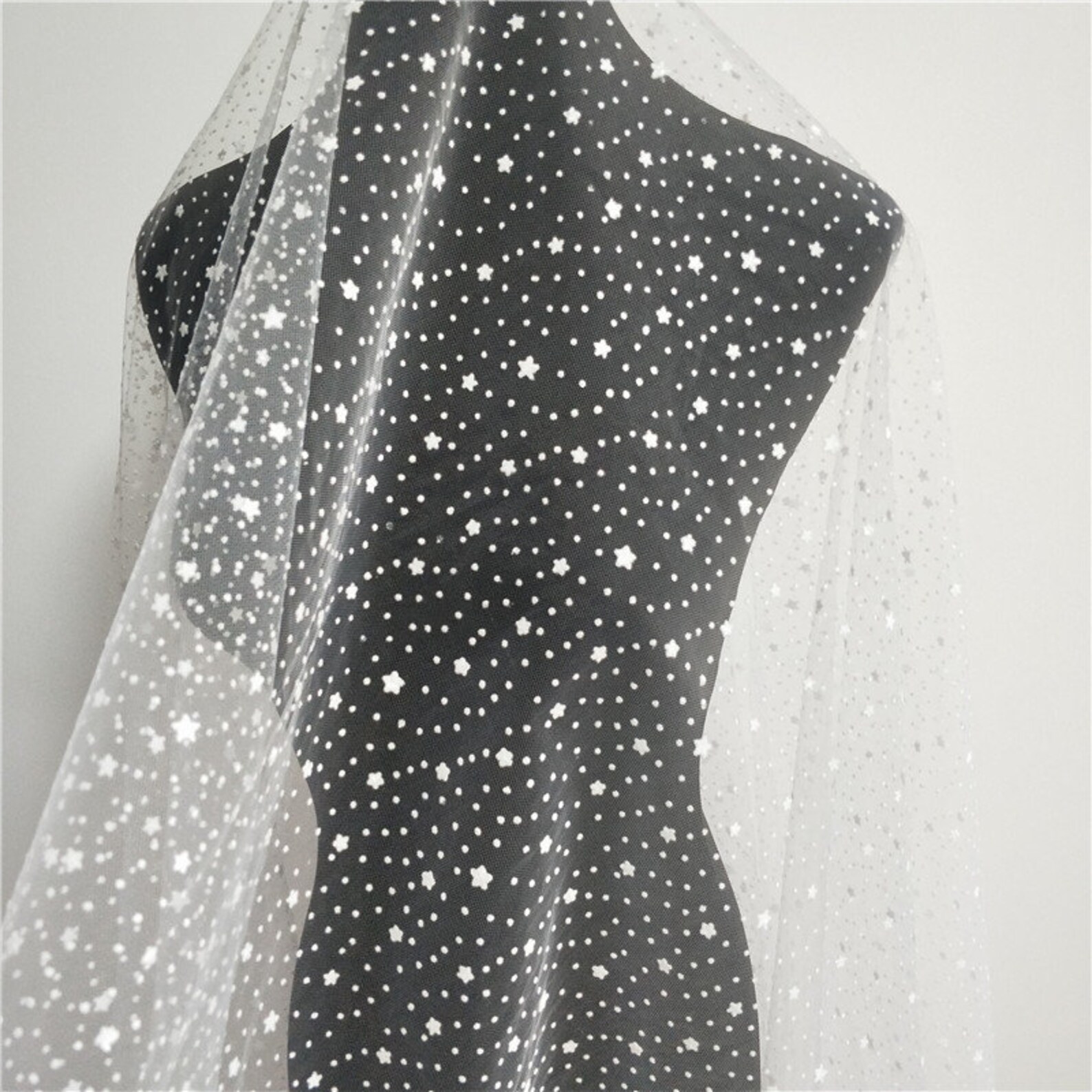 Pure White Flocking Star Tulle Lace Fabric Flower Alencon Alice Tulle ...