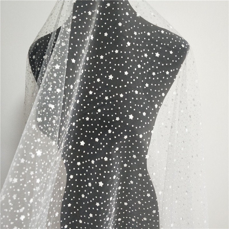 Pure White Flocking Star Tulle Lace Fabric Flower Alencon Alice Tulle ...