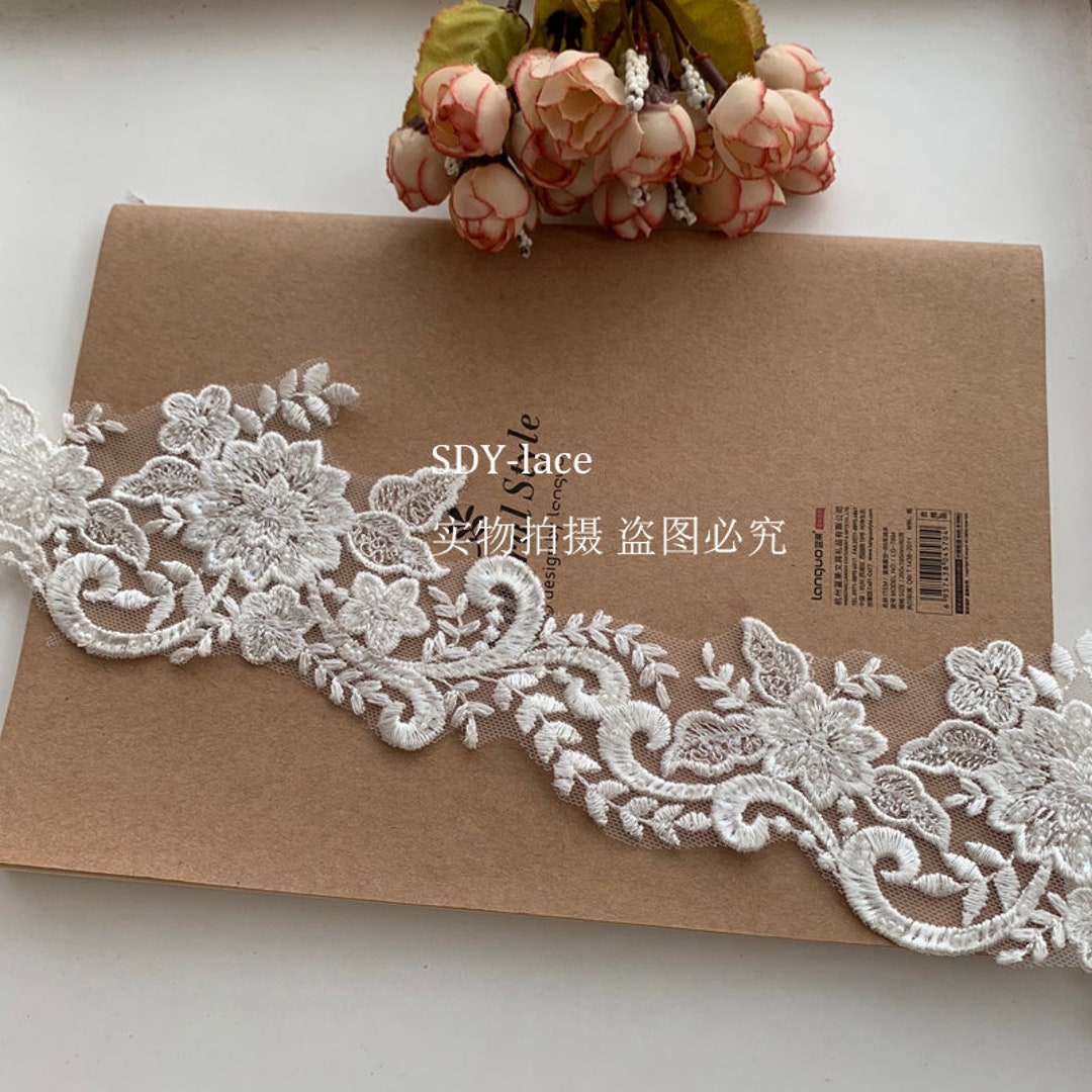 1 Yards Lace Trim Alice Tulle Retro Flower Bead Pearl Exquisite Ivory ...
