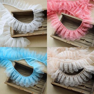 4 Colors Lace Trim 3 Layers Organ Pleated Bead Pearl Lace Tulle Lolita ...