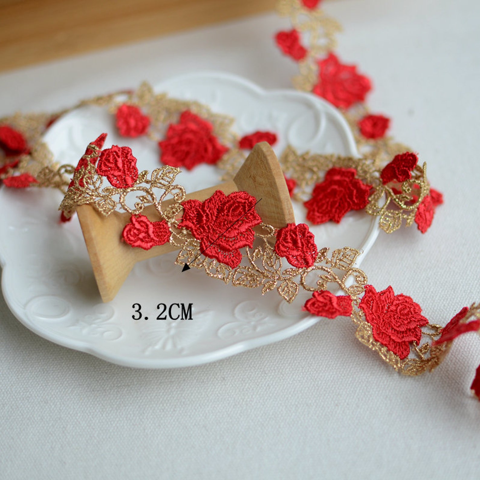 1 Yard Beautiful Red Rose Gold Flower Embroidery Lace Trim for DIY ...