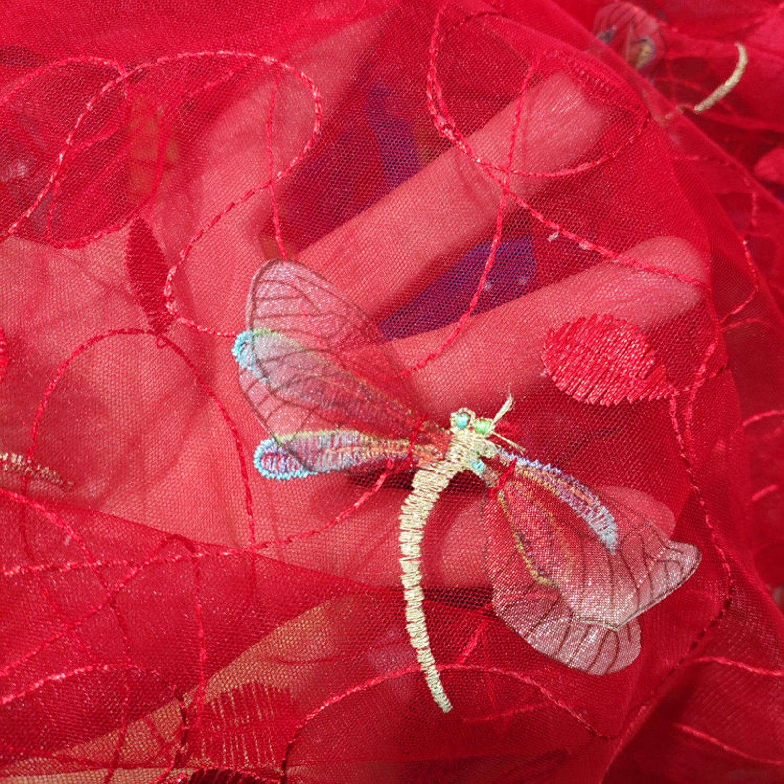 3 Colors Pink Blue 3D Dragonfly Lace Fabric Floral Exquisite Embroidery ...