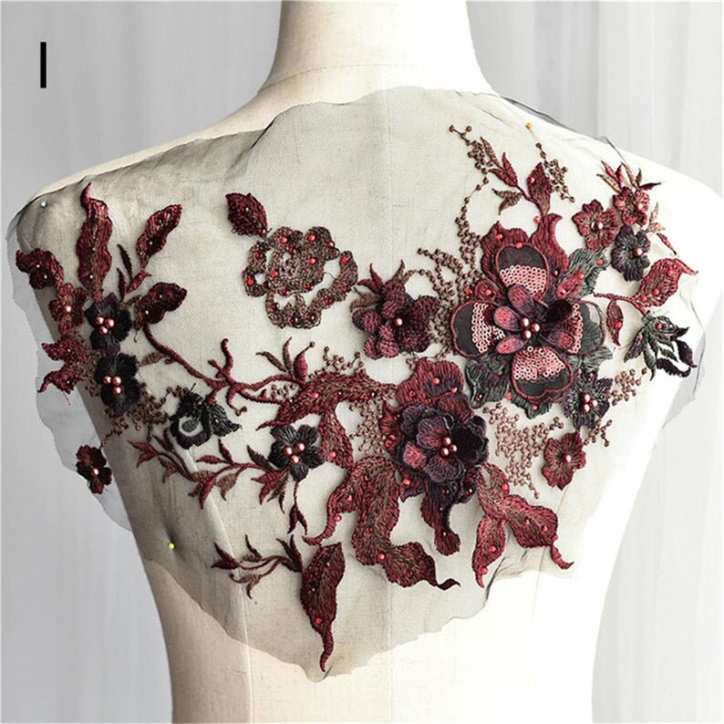 10 Colors 3D Flower Lace Applique Pair With Pearls Embellished ...