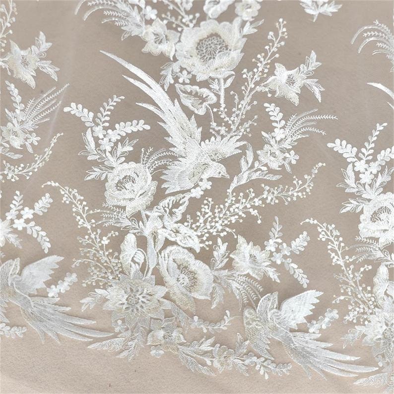 Exquisite Floral Mesh Embroidered Lace Fabric With Flying Birds for ...