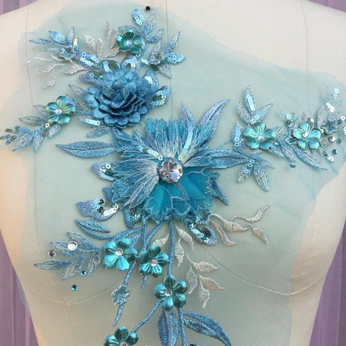 3 Colors Blue Gold Red Applique Rhinestone Sequins 3D Flower Lace ...