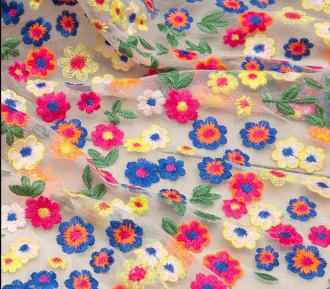 Lace Fabric Adorable Colorful Daisy Flower Embroidered Tulle Etsy