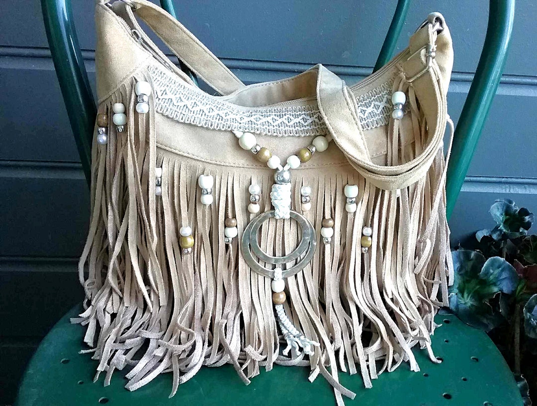 Boho Bag With Fringing, Beige Vegan Purse, Tassel Bag With Beading ...