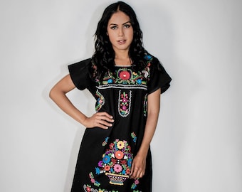 Mexican off the Shoulder Mini Dress Hand Embroidered Black 100% Cotton ...