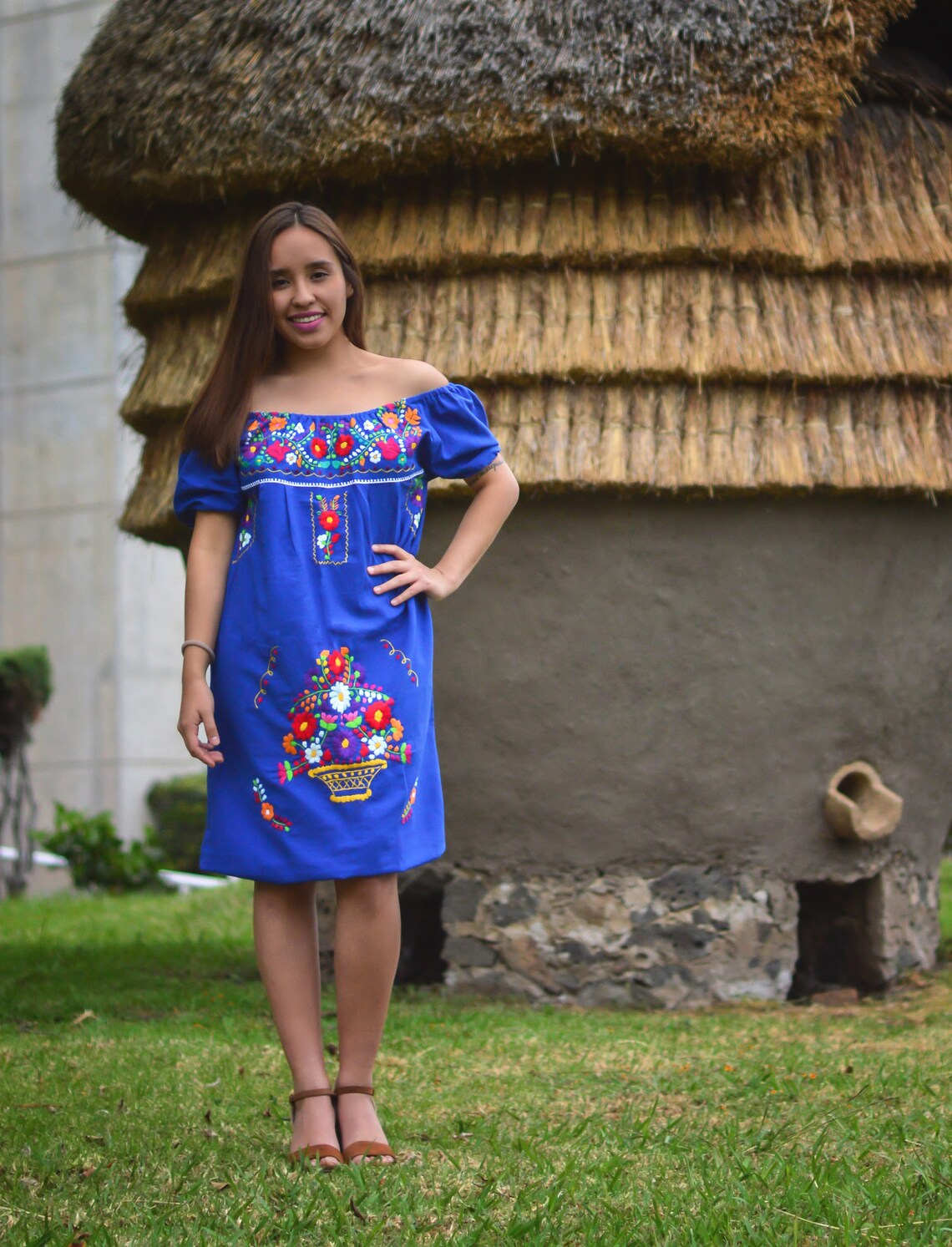 Mexican off the Shoulder Mini Dress Hand Embroidered - Blue 100% Cotton ...