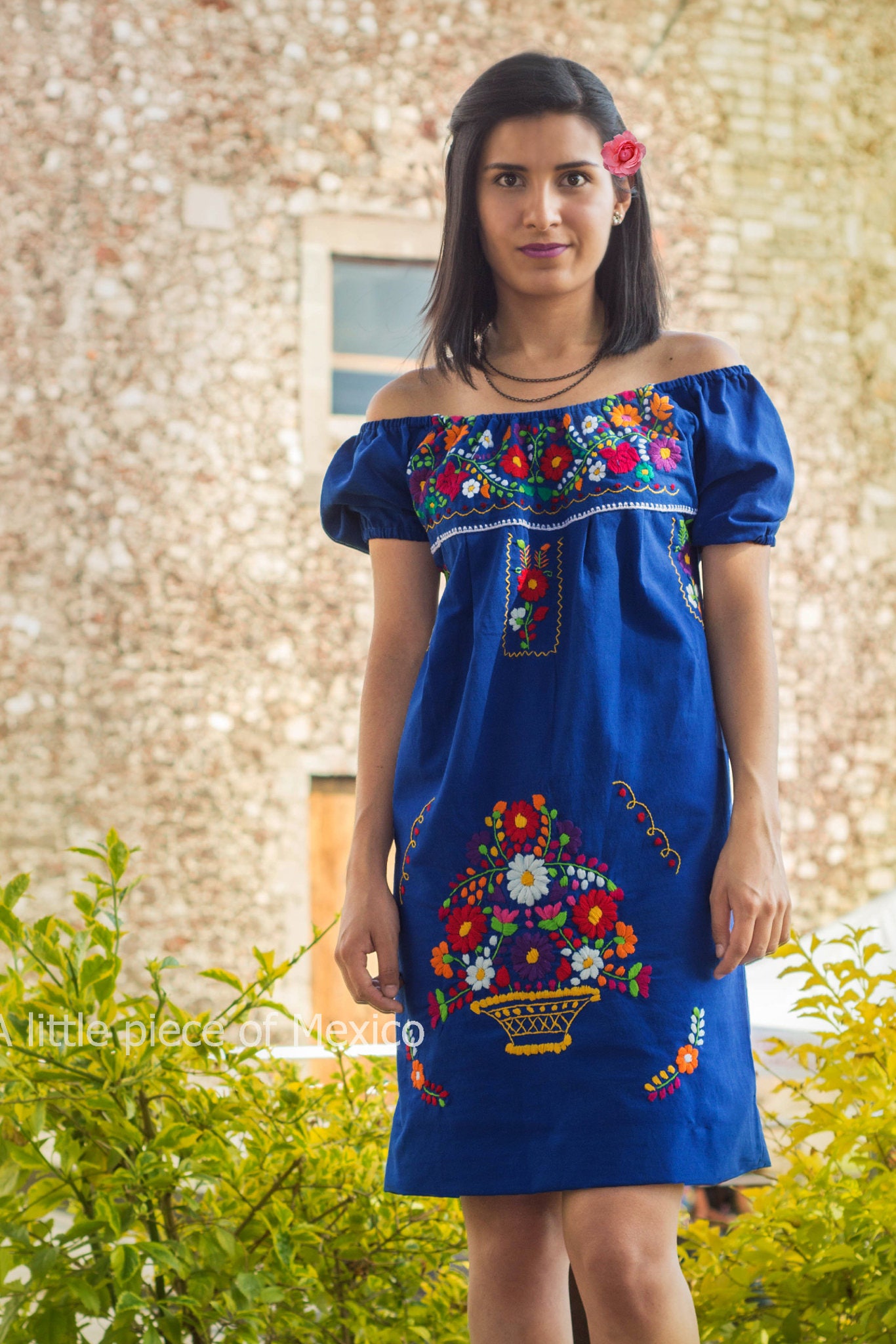 Mexican off the Shoulder Mini Dress Hand Embroidered - Blue 100% Cotton ...