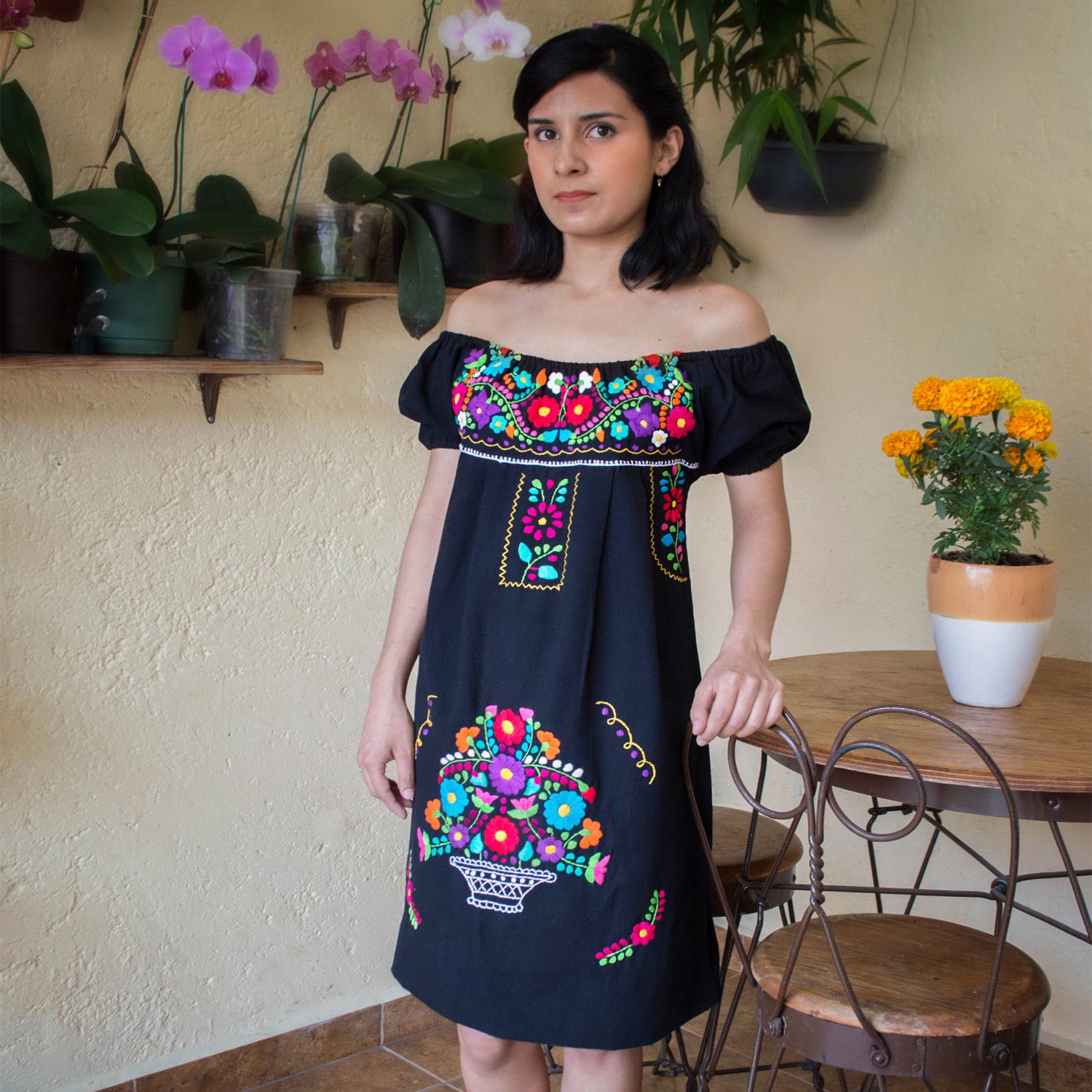 Mexican off the Shoulder Mini Dress Hand Embroidered - Black 100% ...