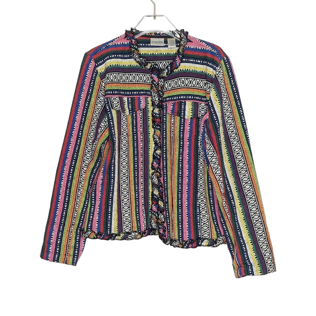 Chico's Vintage Multicolor Baja Pattern Jacket Raw Edges Long Sleeve ...