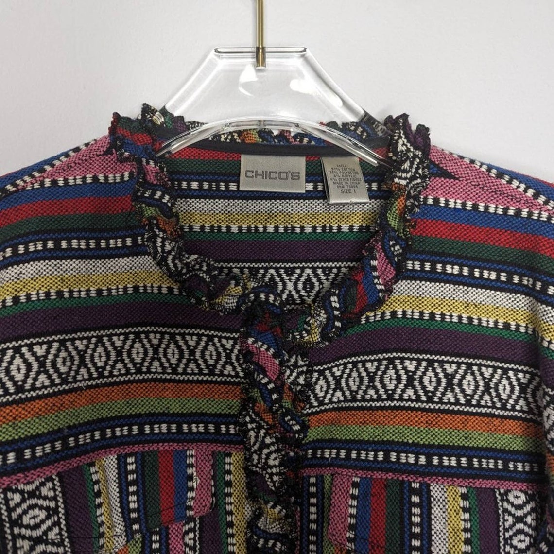 Chico's Vintage Multicolor Baja Pattern Jacket Raw Edges Long Sleeve ...