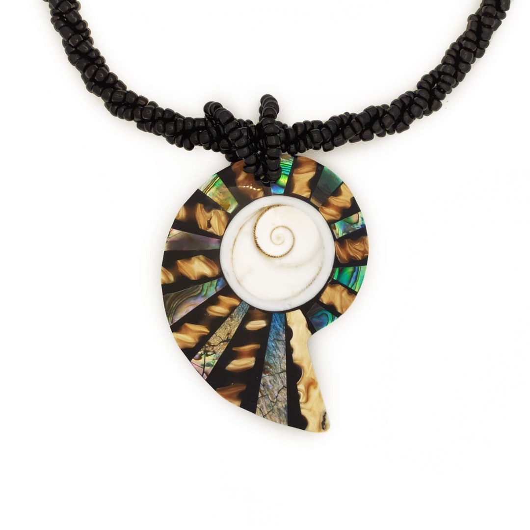 Eye of Shiva Shell Necklace: Abalone Inlay, Black Seed Bead Pendant - Etsy