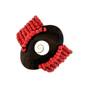 Eye of Shiva Shell on Oval Wood Plaque Bracelet • Red Beads Multi ...