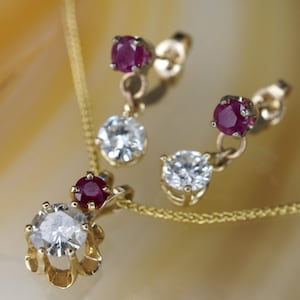 14k Yellow Gold, Diamond, and Ruby Pendant Necklace With Matching Post ...