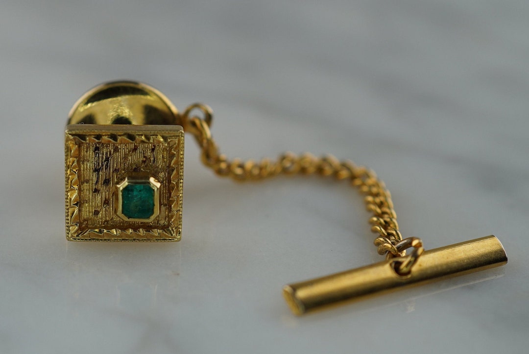 18K Yellow Gold and Emerald Cut Emerald Tie Tack - Etsy