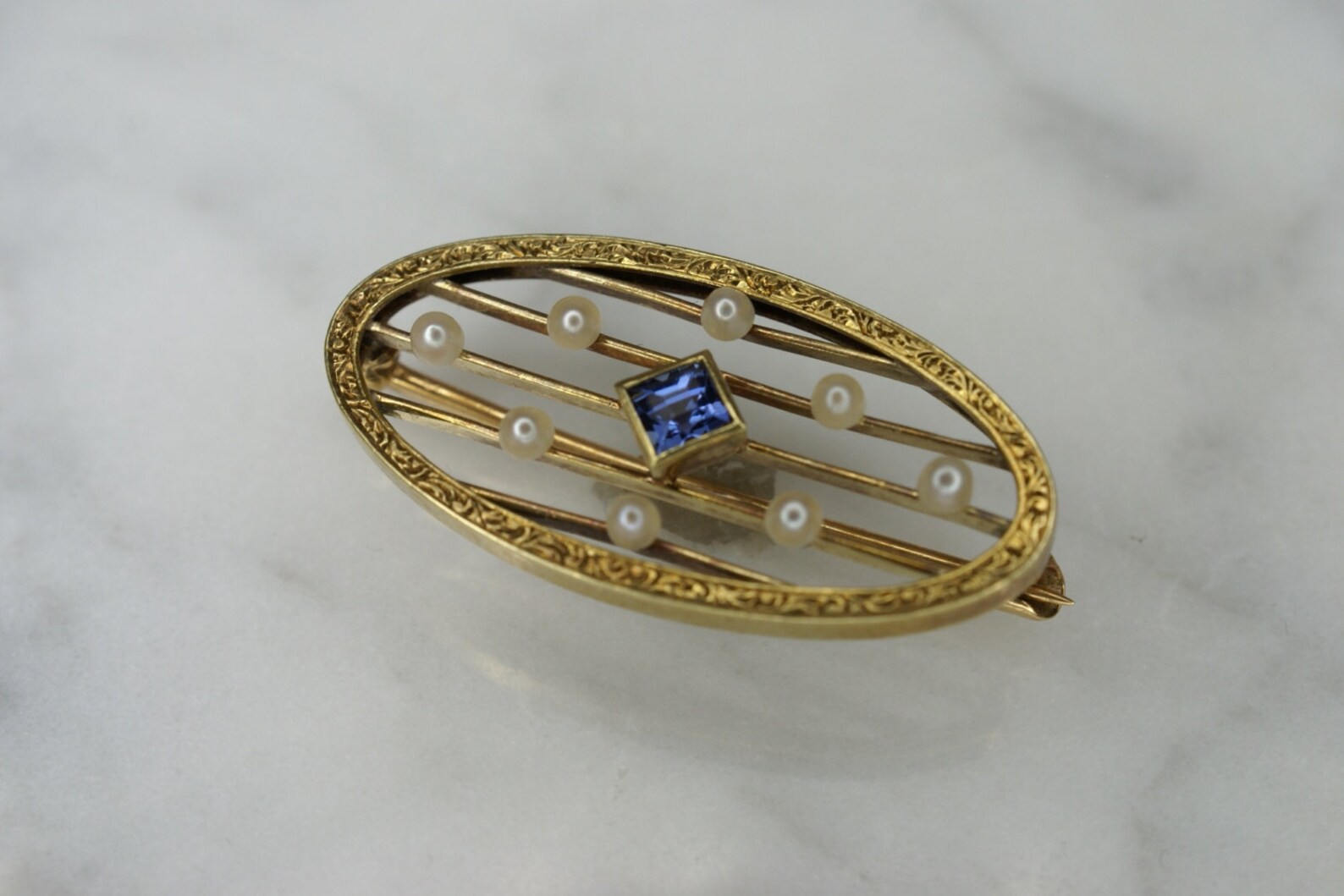 14k Yellow Gold Sapphire and Pearl Pin - Etsy