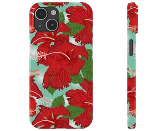 Turquoise Blue Tropical Palm Leaf, Hawaiian Hibiscus Phone Case, iPhone 15 Promax, Samsung ...