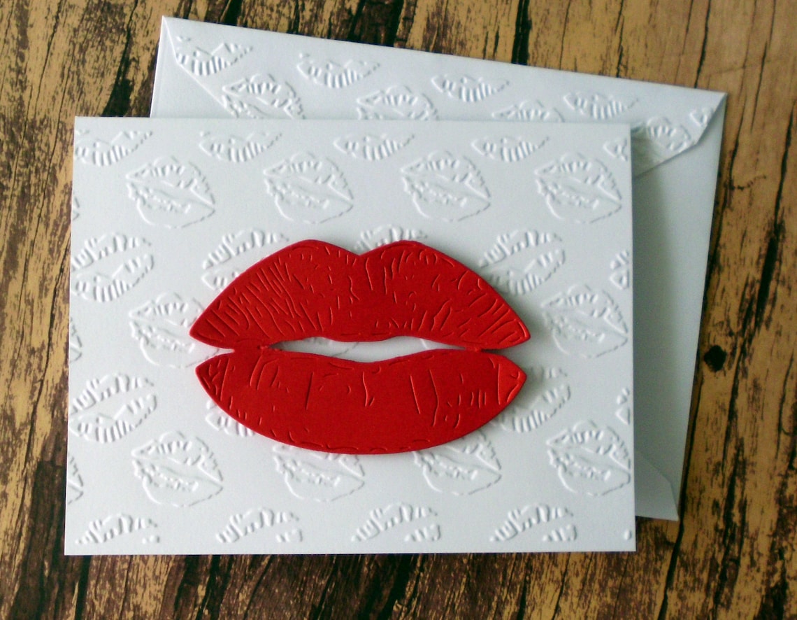 Red Lip Card White Embossed Lip Note Cards Large Lip Die | Etsy
