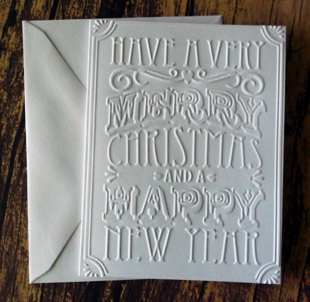 Christmas Cards, New Years Cards, Set of 5, White Embossed Merry ...