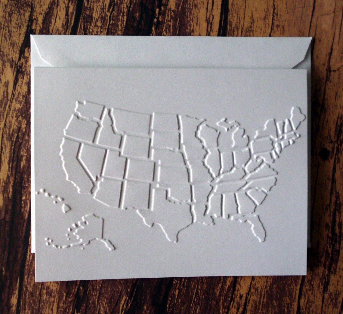 United States Map Cards Set of 5 White Embossed Note Card - Etsy