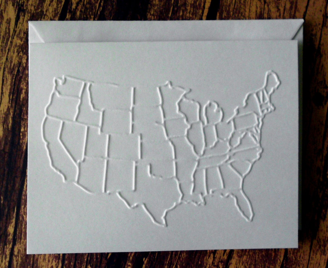 United States Map Cards, Set of 5, White Embossed Note Card Set ...