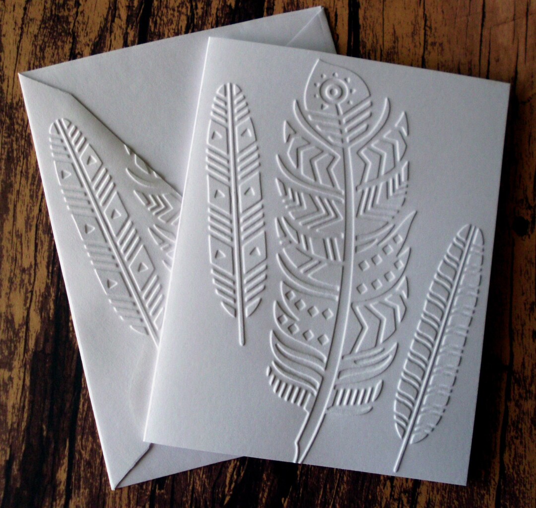 Feather Cards, Set of 5, White Embossed Note Cards, Greeting Cards ...