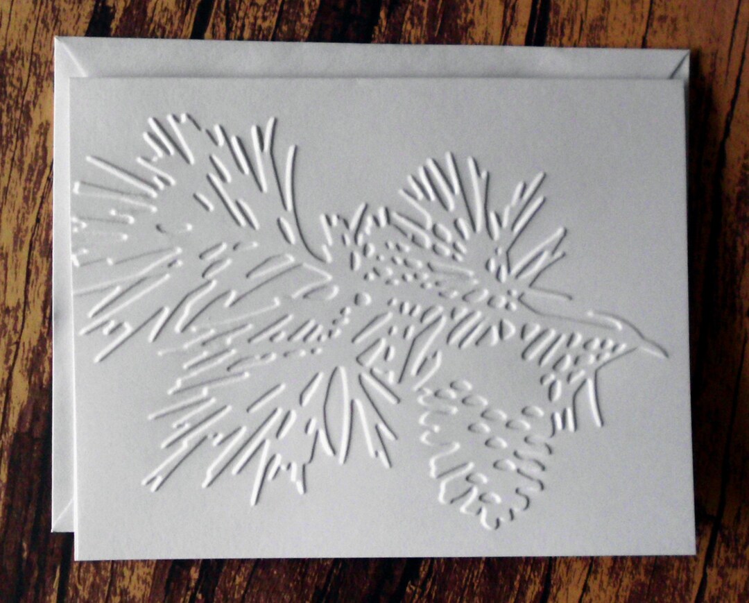 Pine Cone Cards, 5 Set, White Embossed Christmas Cards, Blank Note Card ...