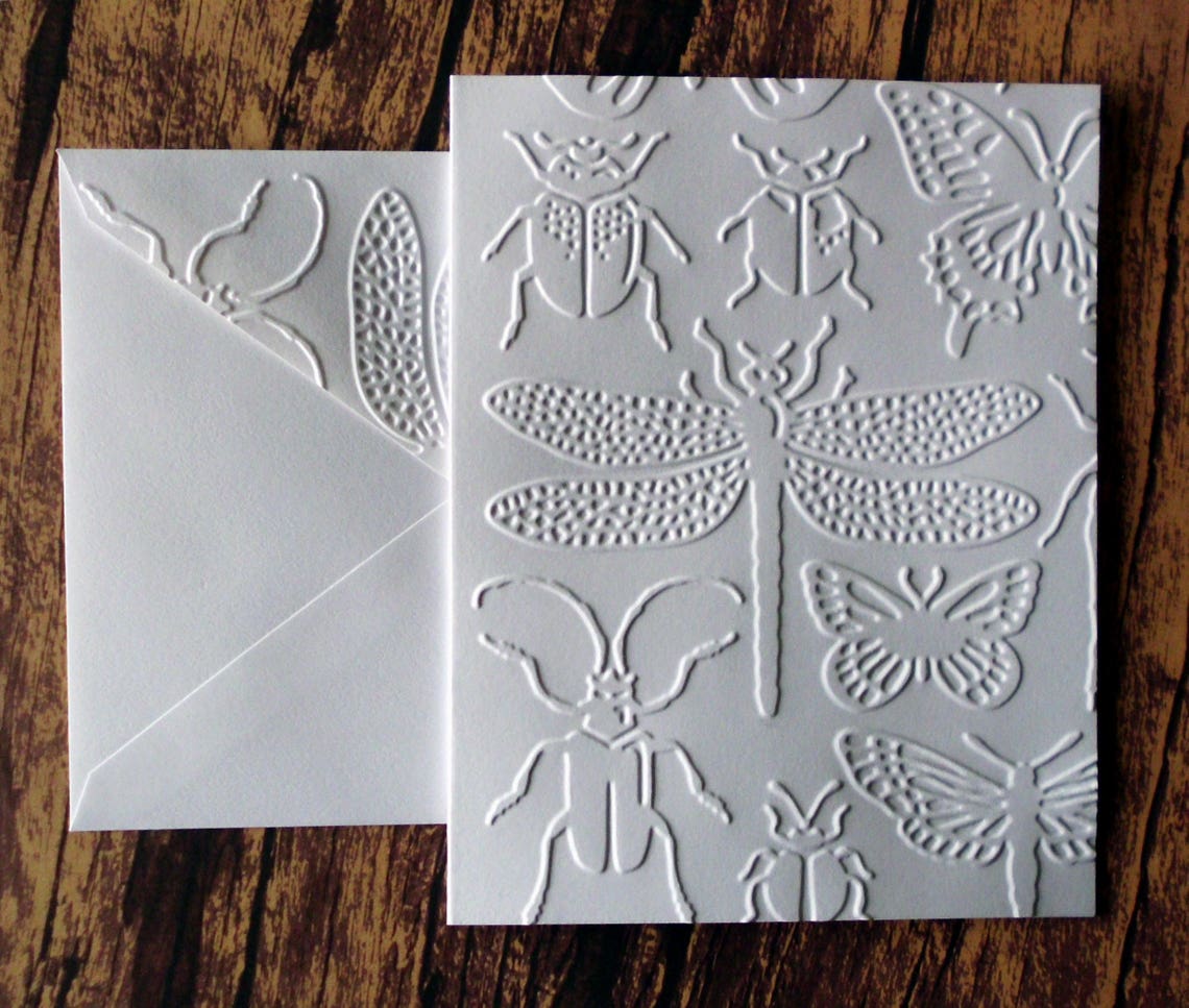 Embossed Insect Cards, Set of 5, White Embossed Note Cards, Gift for ...