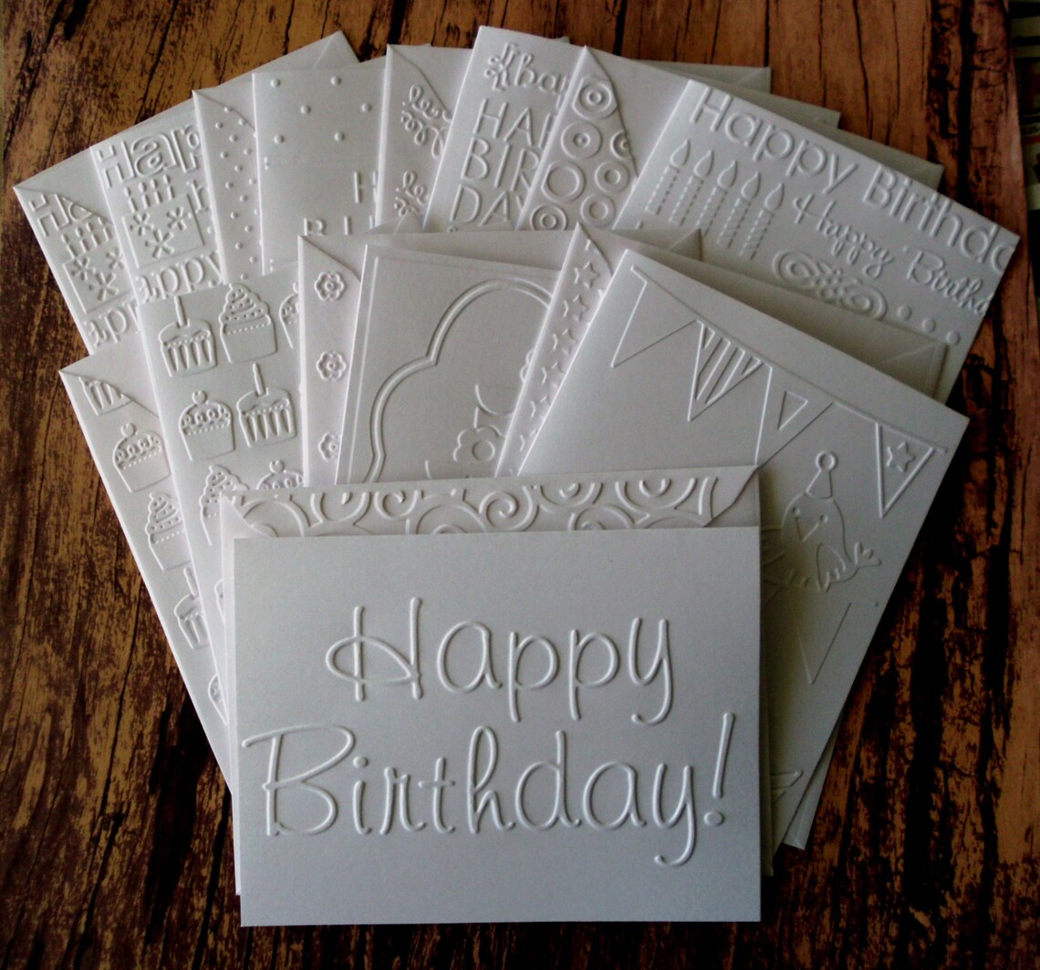 8 Assorted Embossed Birthday Cards White Embossed Birthday - Etsy