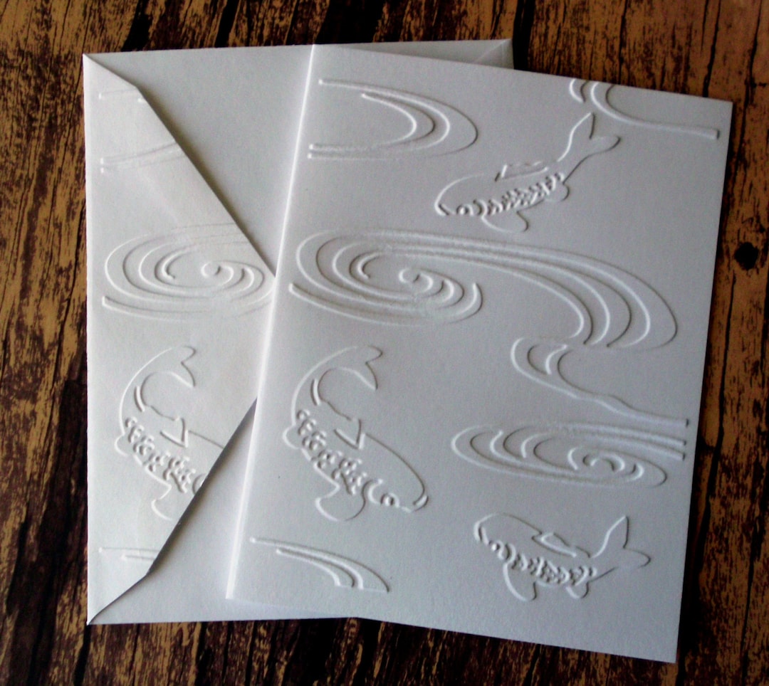 Koi Fish Cards, Set of 5, White Embossed Asian Cards, Japanese Koi Fish ...