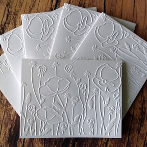 Poppy Field Cards, Set of 5, Embossed Note Cards, White Embossed Flower ...