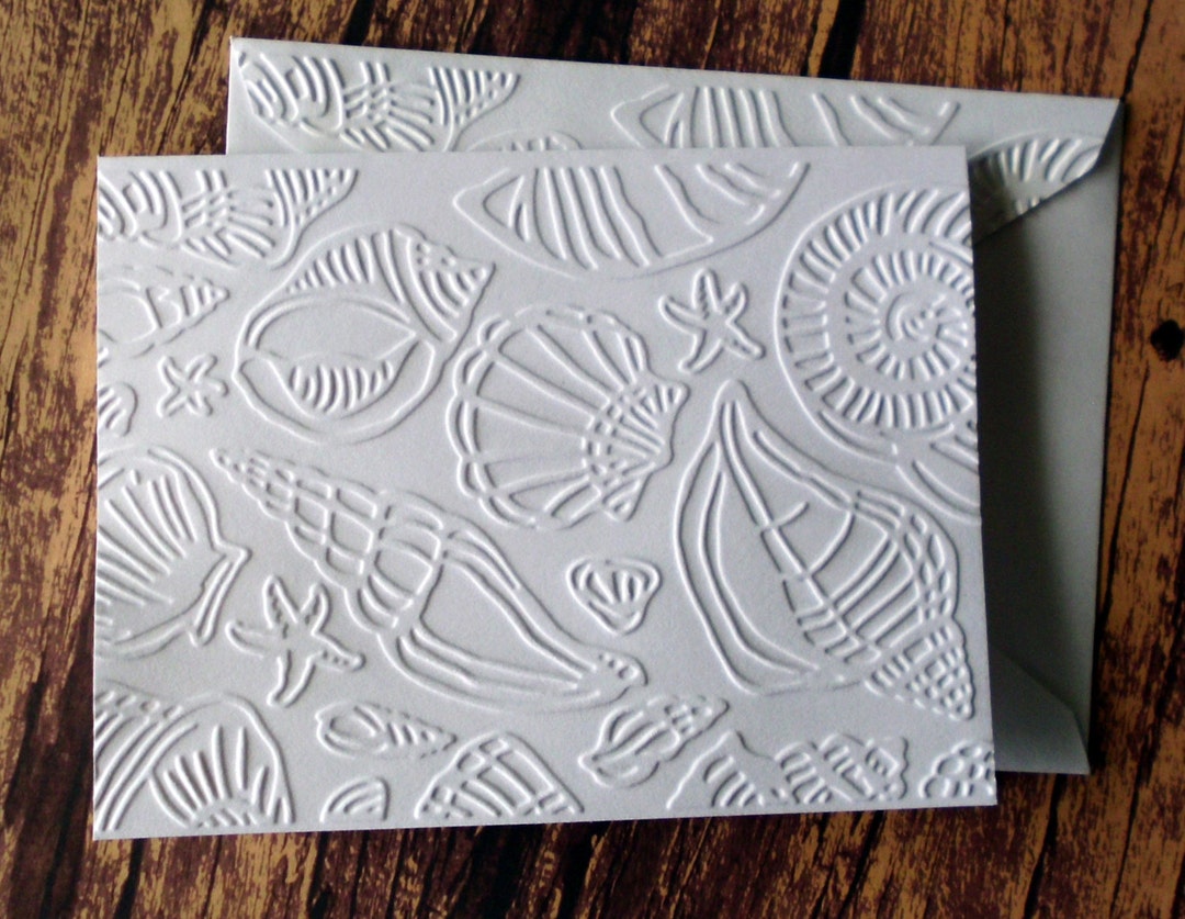 Seashell Cards, Set of 5, Beach Themed Cards, White Embossed Note Card ...