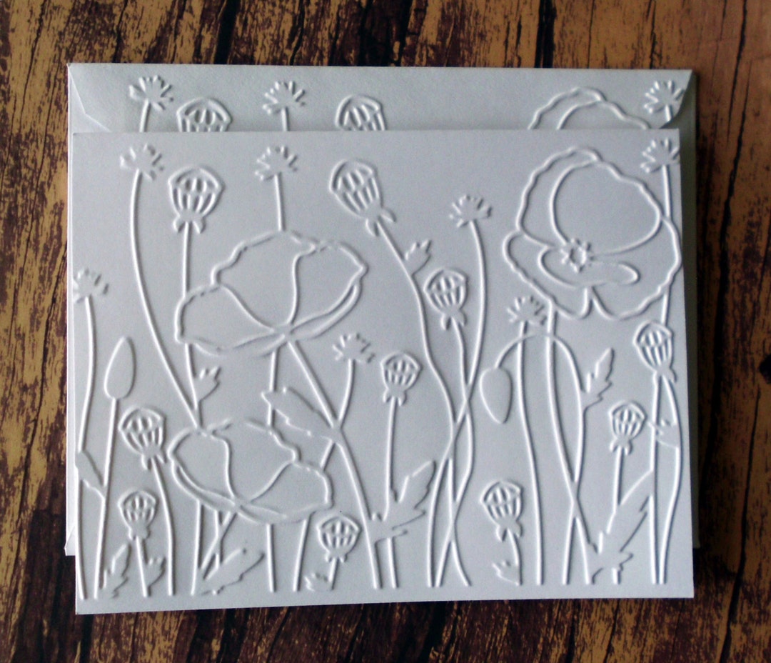 Poppy Field Cards, Set of 5, Embossed Note Cards, White Embossed Flower ...