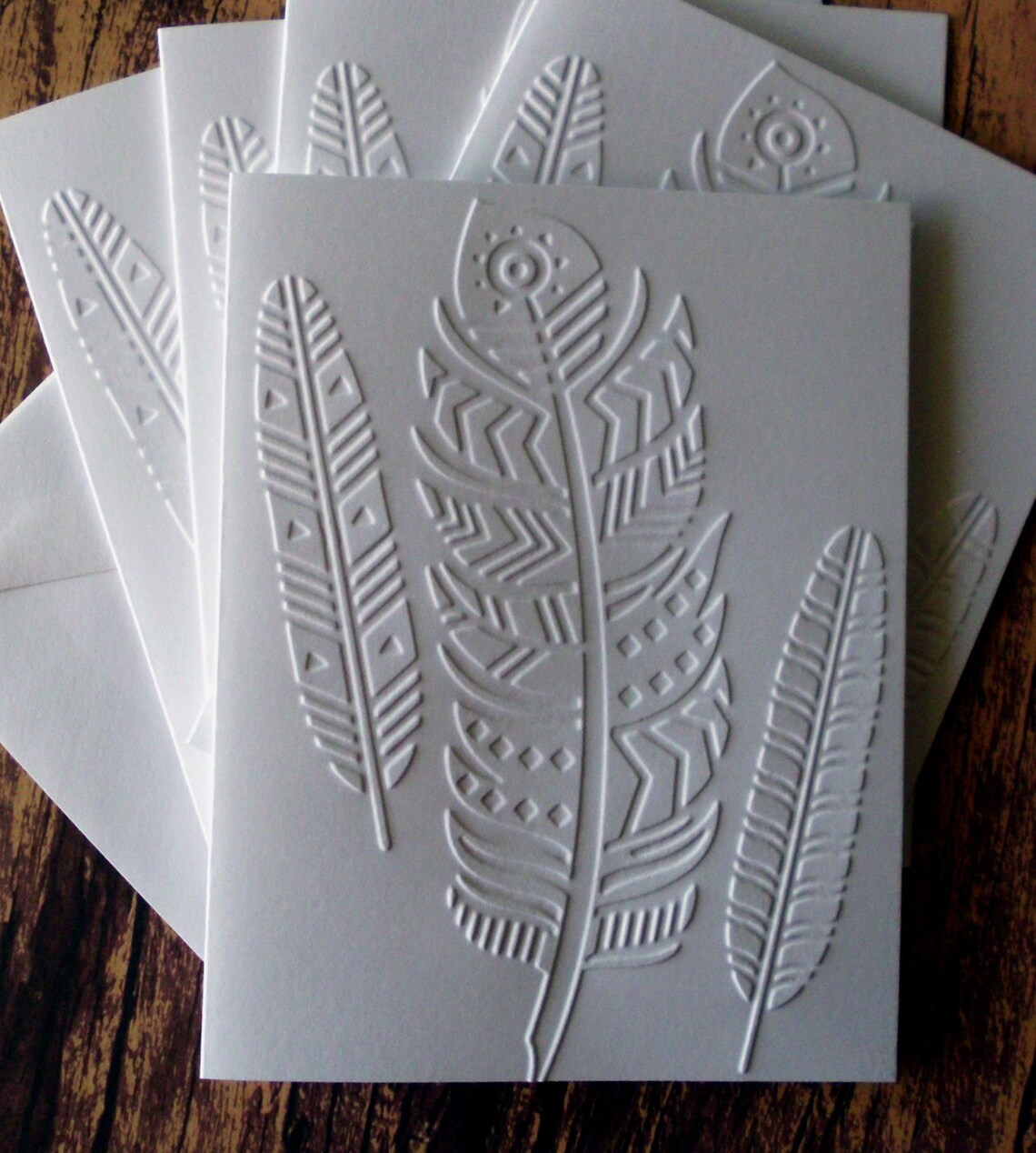 Feather Cards Set of 5 White Embossed Note Cards Greeting | Etsy