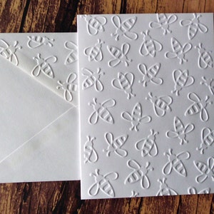 Bee Cards, Set of 5, Embossed Note Card Set, Bee Greeting Cards, White ...