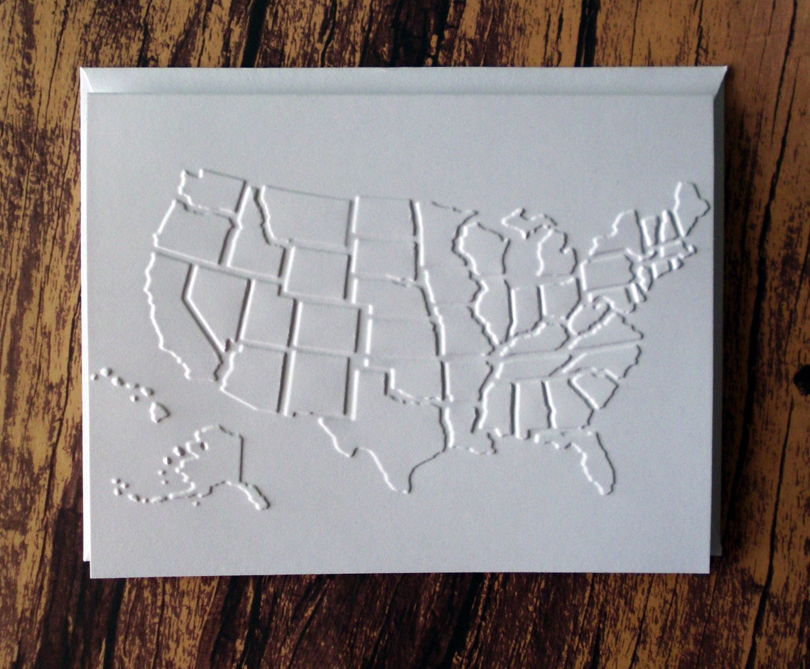 United States Map Cards Set of 5 White Embossed Note Card - Etsy