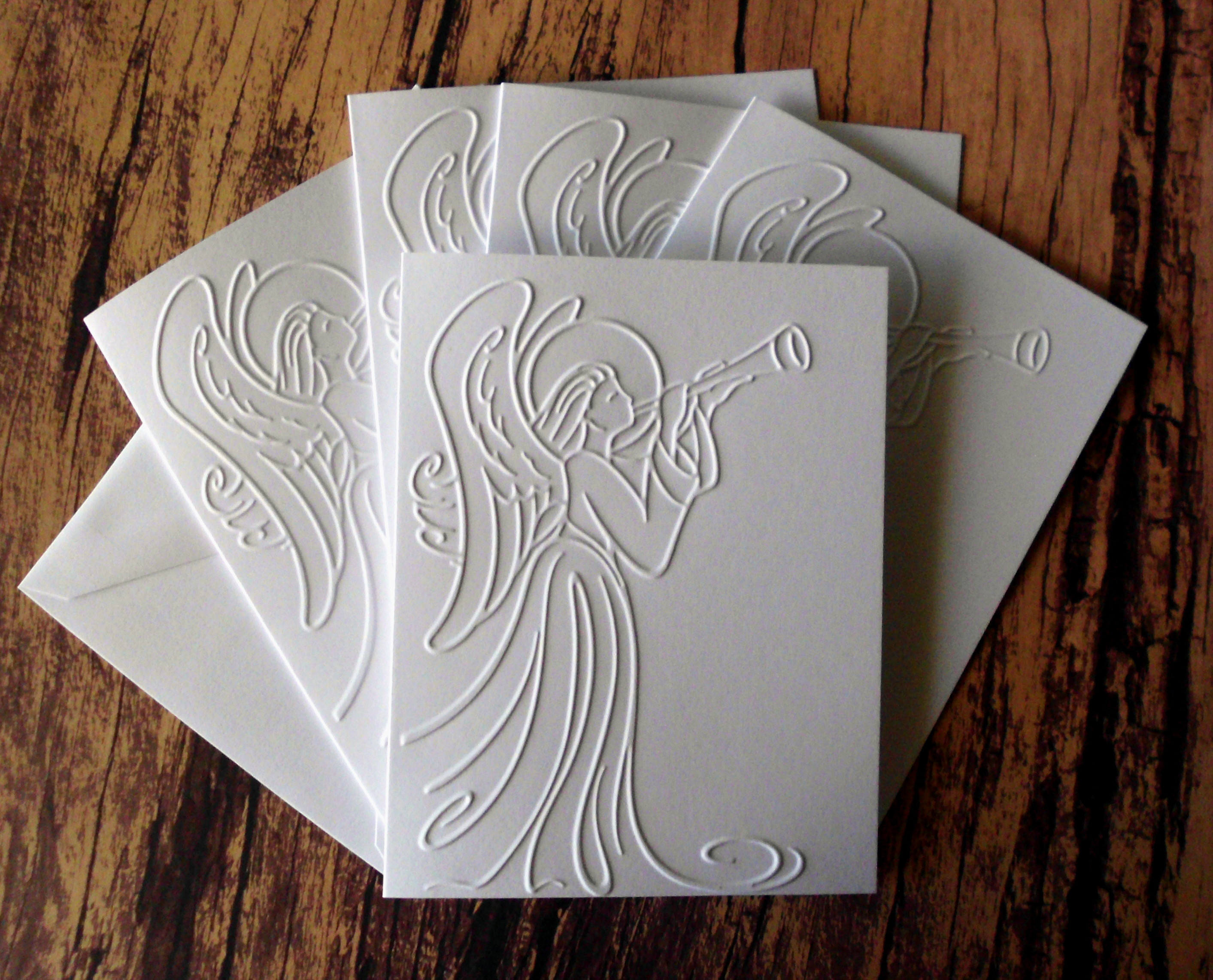 Angel Christmas Cards, Set of 5, White Embossed Christmas Cards ...