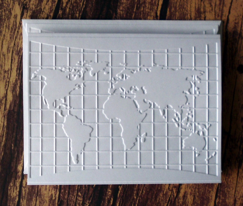 5 World Map Cards White Embossed Globe Atlas Map Note Card - Etsy