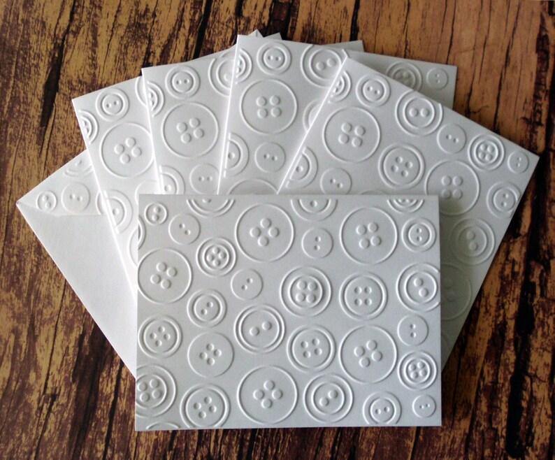 Button Note Cards, Set of 5, Embossed Button Stationery, White Embossed ...