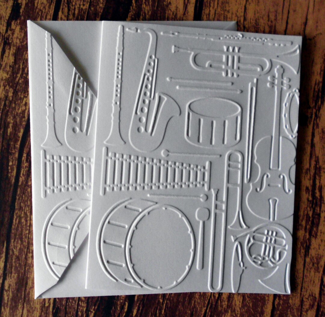 Music Cards, Set of 5, Orchestra Cards, Embossed Musical Instrument ...