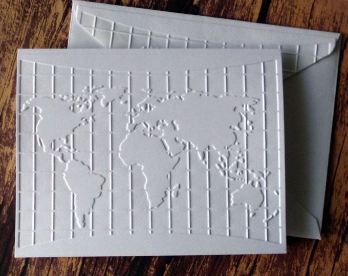 5 World Map Cards, White Embossed Globe, Atlas, Map Note Card Set ...
