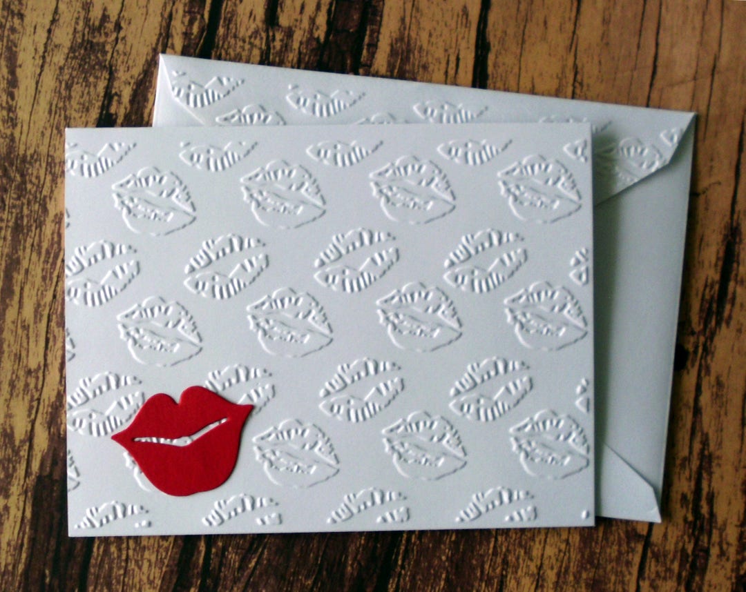 Red Lip Cards, Set of 5, White Embossed Lip Cards, Blank Greeting Cards ...