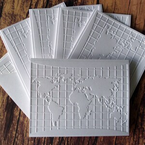 5 World Map Cards, White Embossed Globe, Atlas, Map Note Card Set ...