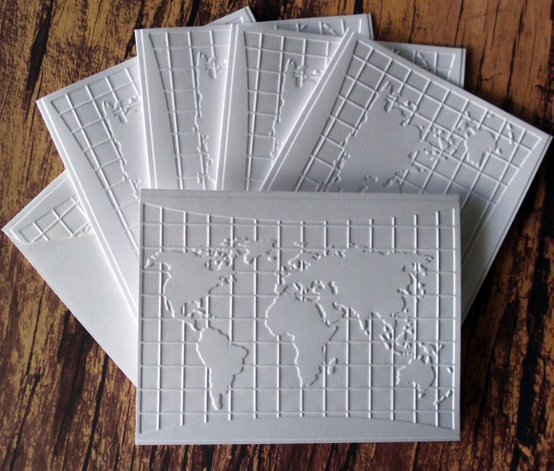 5 World Map Cards White Embossed Globe Atlas Map Note Card | Etsy