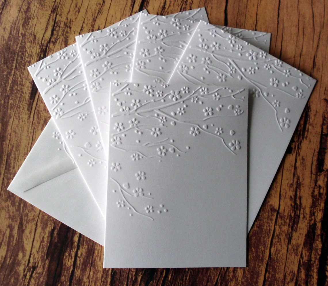Cherry Blossom Cards, Set of 5, Embossed Note Card Set, Blank Greeting ...