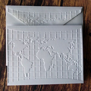 5 World Map Cards, White Embossed Globe, Atlas, Map Note Card Set ...