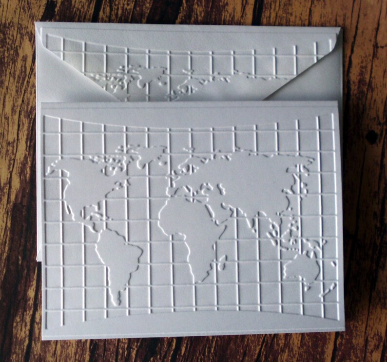 5 World Map Cards White Embossed Globe Atlas Map Note Card - Etsy