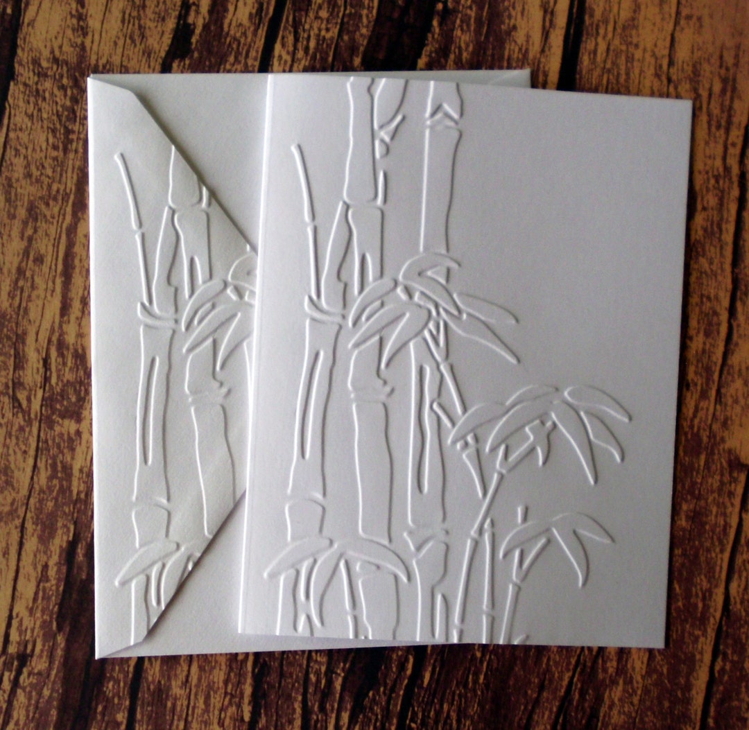 Bamboo Note Card Set of 5, White Embossed Bamboo Cards, Asian Greeting ...